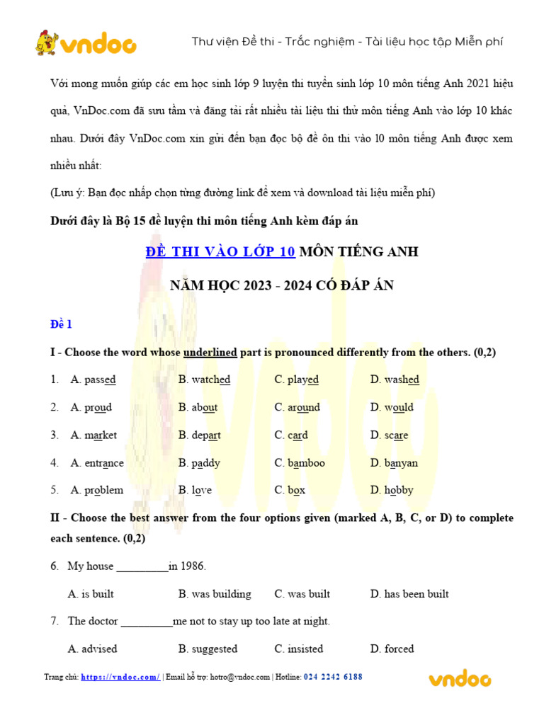 Bo de Luyen Thi Vao Lop 10 Mon Tieng Anh | PDF