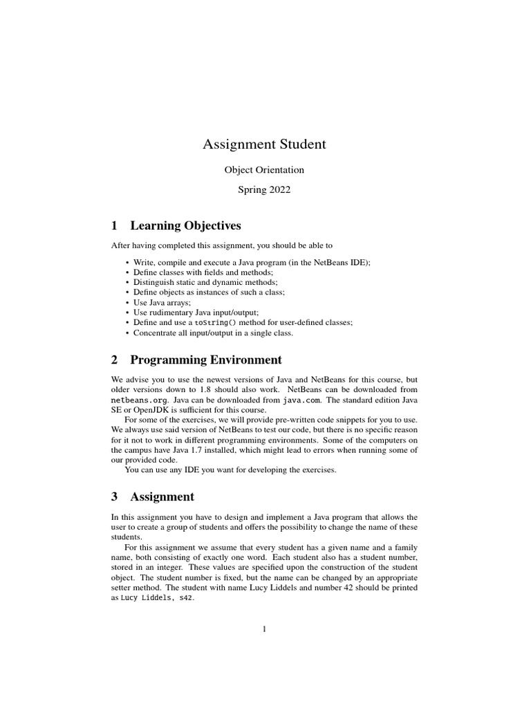 Oo Assignment01 Student | PDF | Java (Programming Language) | Class (Computer Programming)