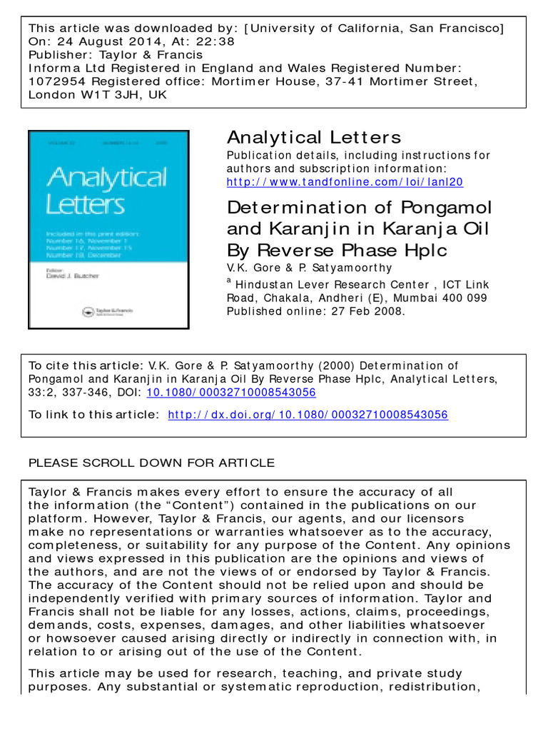 Karanjin and Pongamol in Karanja Oil | PDF