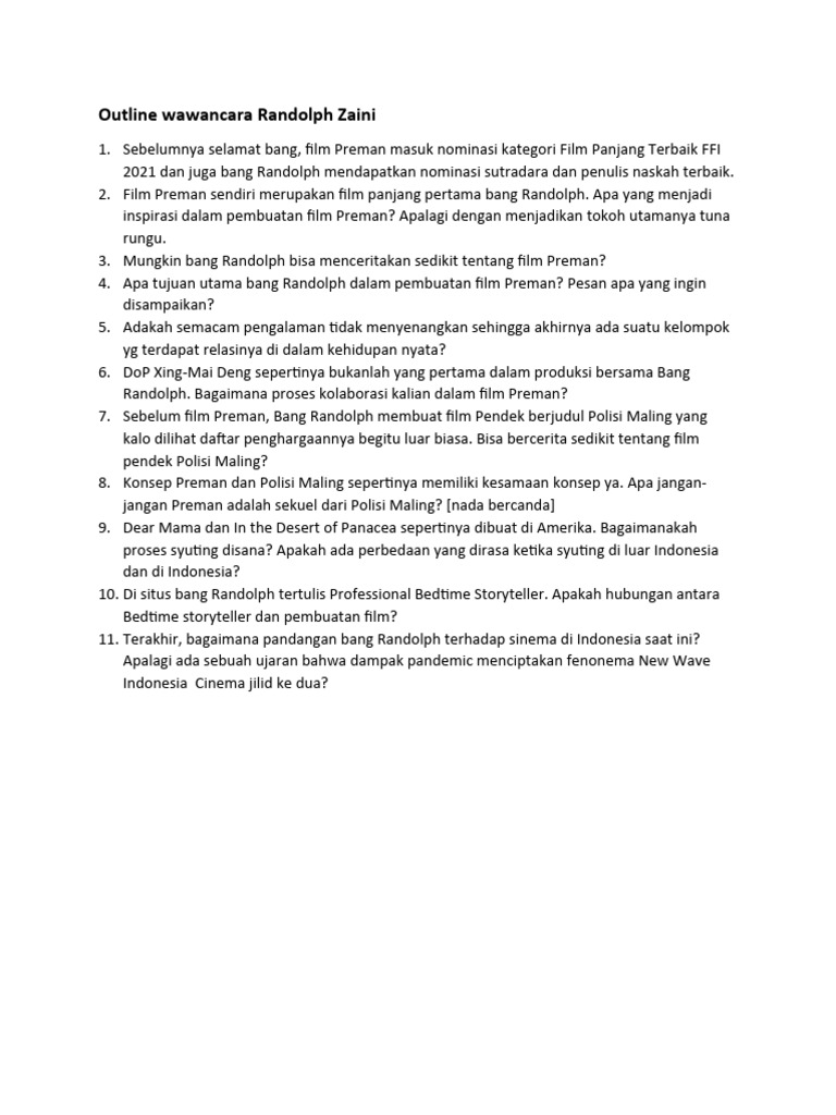 Outline Wawancara Randolph Zaini | PDF