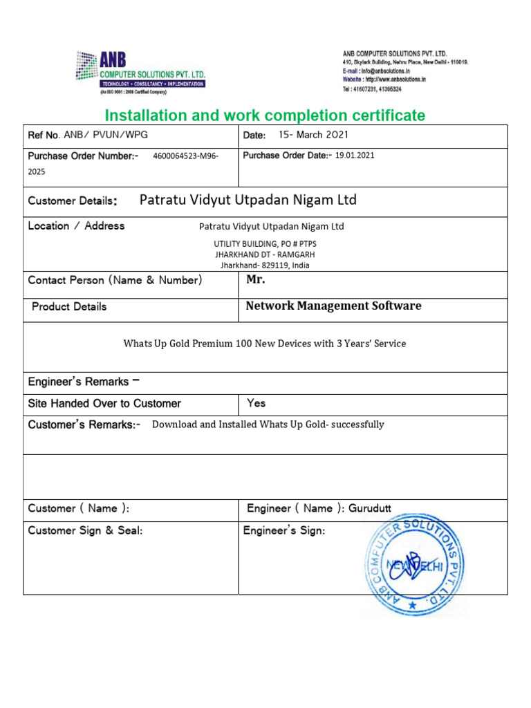 Installation and Work Completion Certificate | PDF
