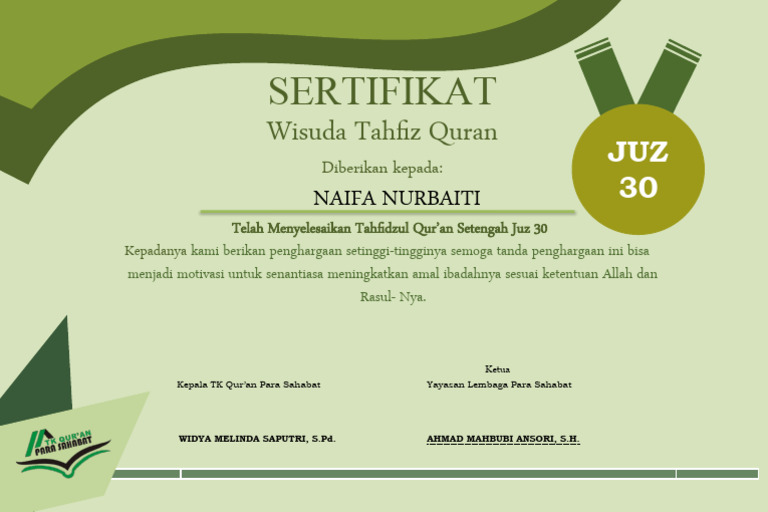 Sertifikat Wisuda Tahfiz Quran | PDF