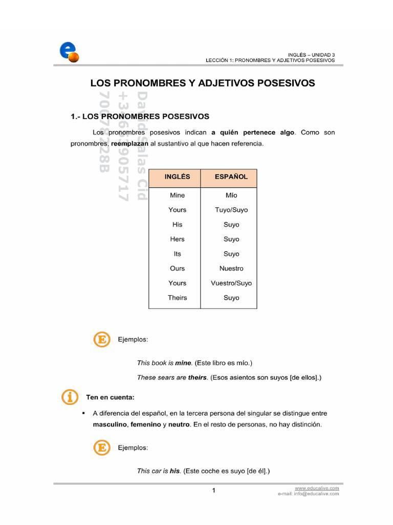 Ingles Tema 3. Leccion 1 Pronombres y Adjetivos Posesivos | PDF