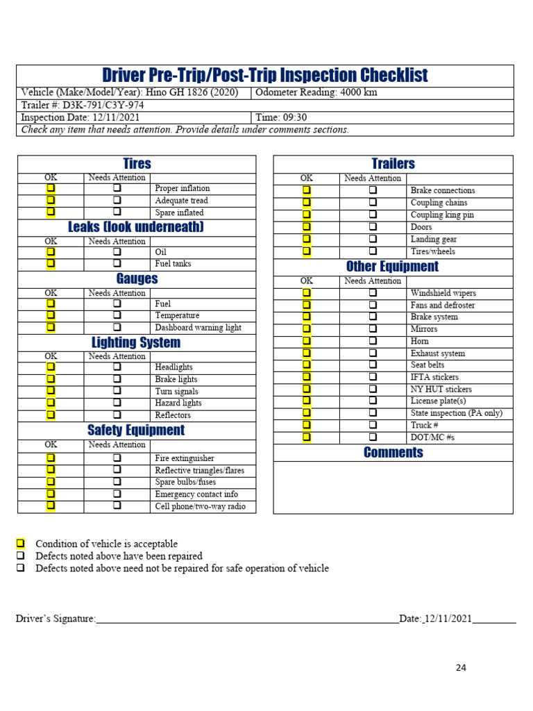 Trip Inspection Checklist | PDF