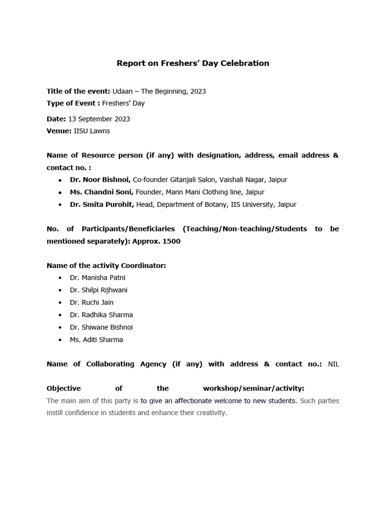 Freshers Day Report | PDF