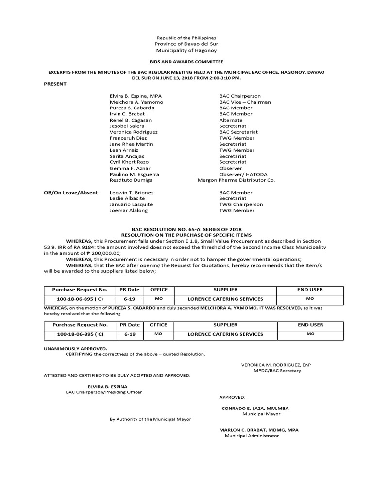 BAC Resolution on Catering Services | PDF