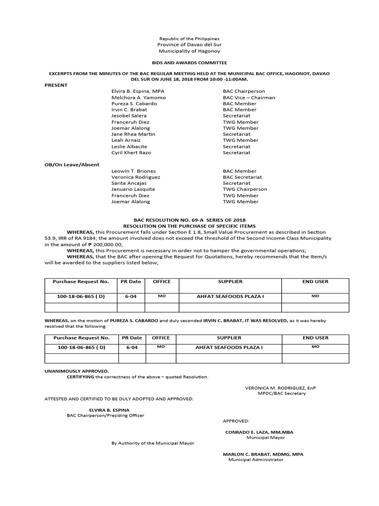 BAC Resolution 69-A | PDF