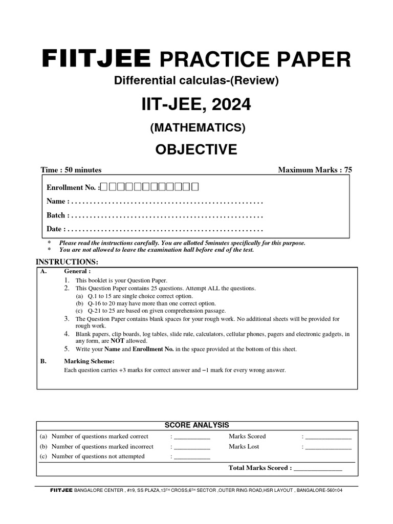 FIITJEE Bangalore IIT-JEE 2024 Differential Calculus Practice | PDF | Mathematical Analysis ...