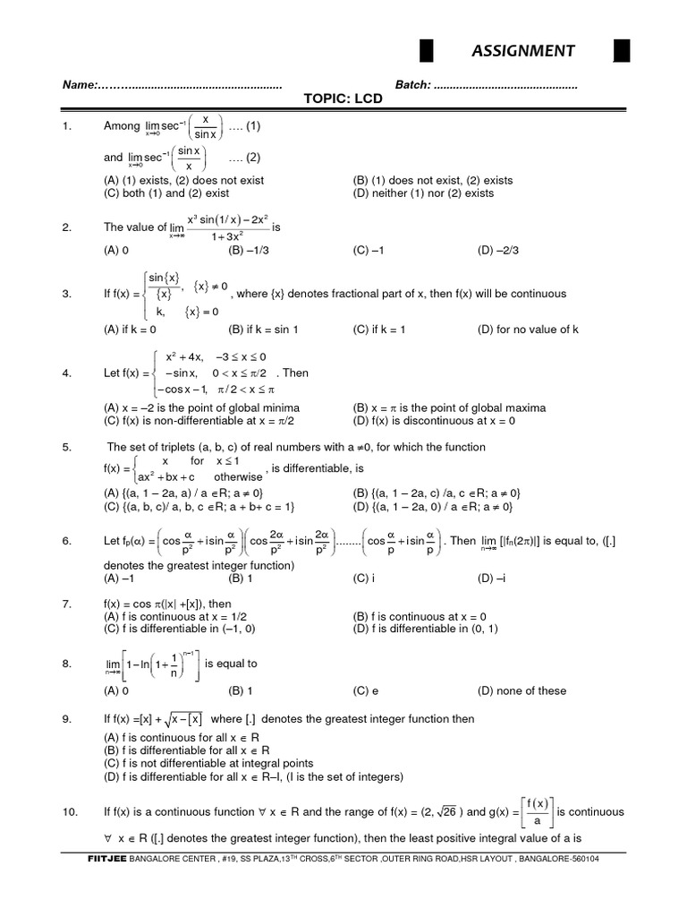 Limits, Continuity and Differentiability - Practice Sheet | PDF