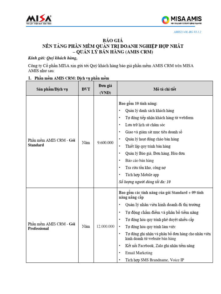 Amis23 Ol BG Vi 3.2 Báo Giá Amis CRM 0405 | PDF