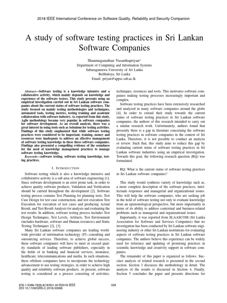 A Study of Software Testing Practices in Srilankan Software Companies | PDF A Study of Software Testing Practices in Srilankan Software Companies | PDF