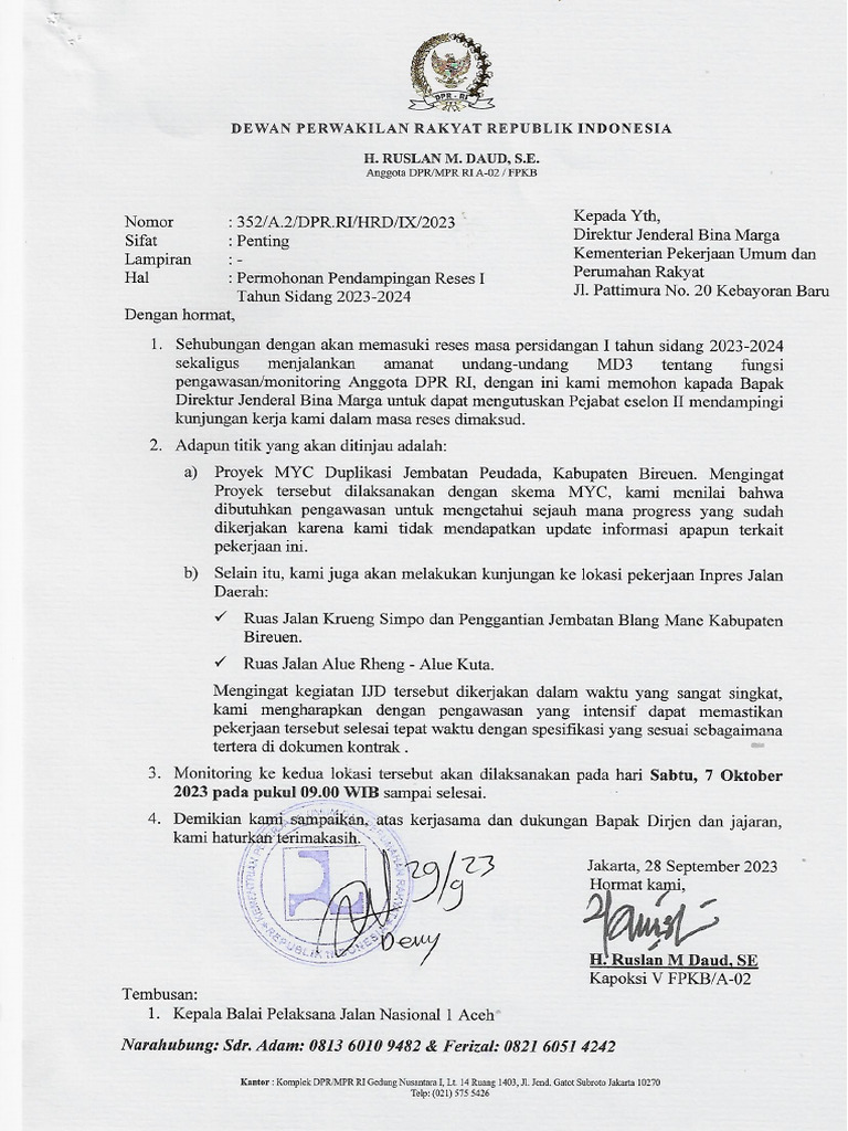 Surat Permohonan Pendampingan Reses I TS 2023-2024 - Ditjen BM | PDF