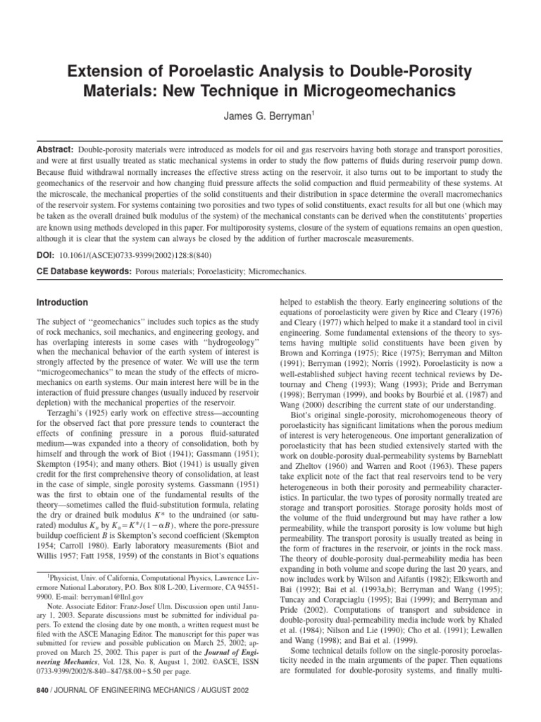 Extension Of Poroelastic Analysis To Double Porosity Materials New