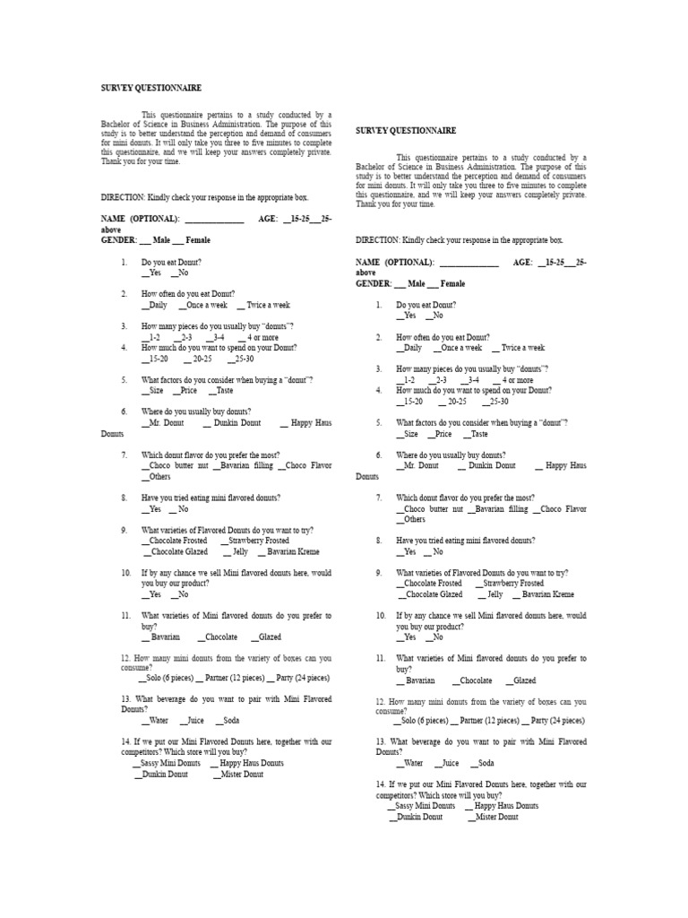 Survey Questionnaire Sassy Mini Donut | PDF | Doughnut | Questionnaire
