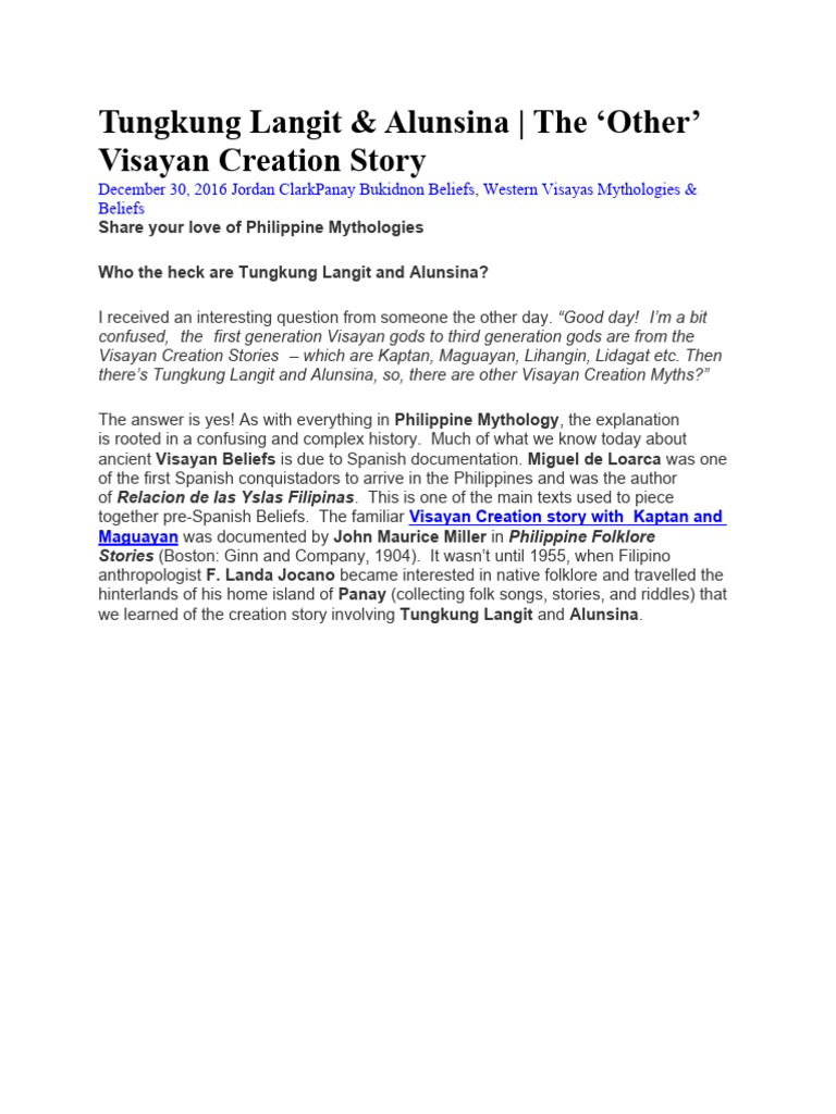 Tungkung Langit & Alunsina - The Other' Visayan Creation Story | PDF ...