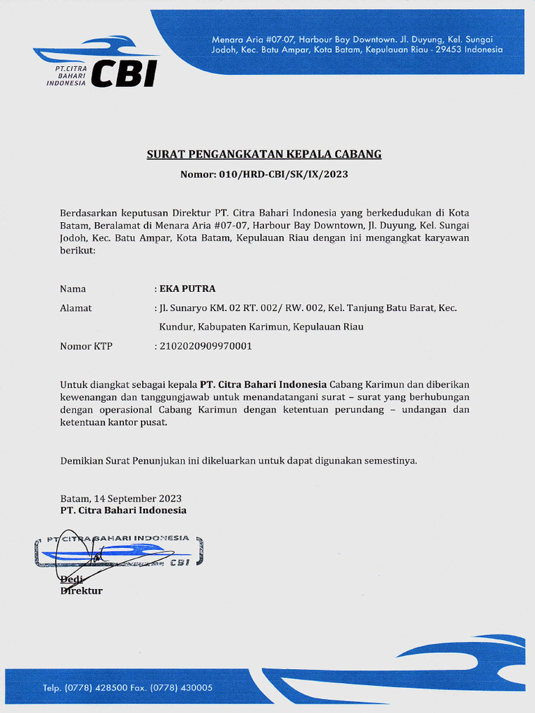 Surat Pengangkatan Kepala Cabang | PDF