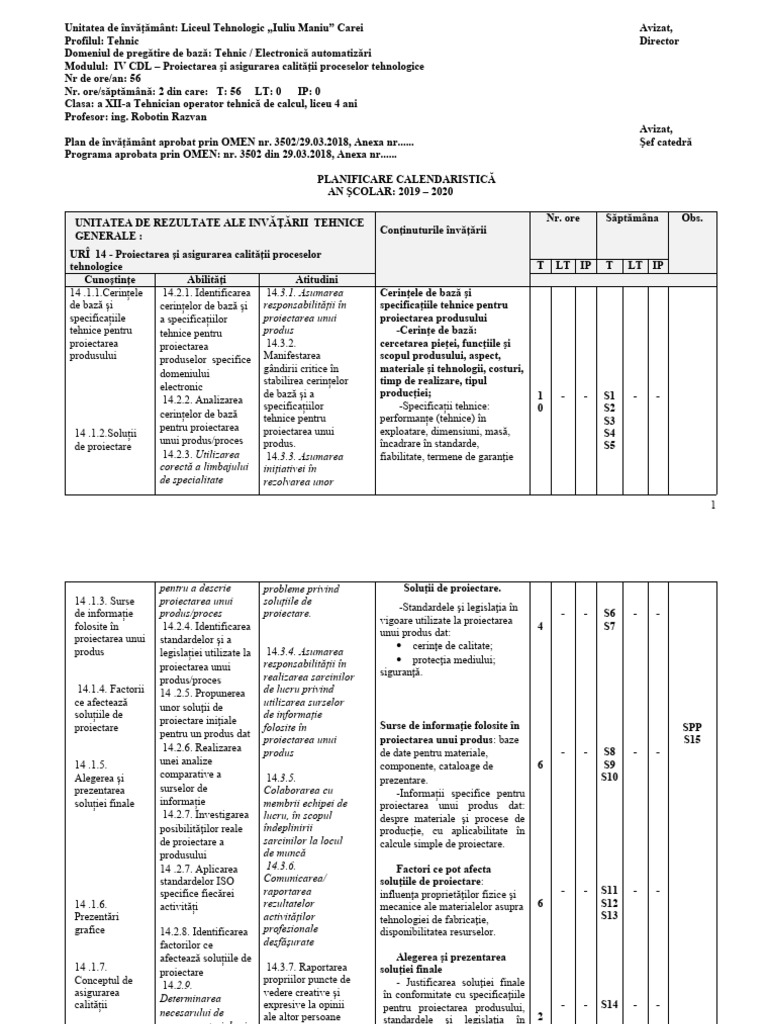 PLANIFICARE M4 CDL PROIECTAREA SI ASIGURAREA CALITATII PROCESELOR ...