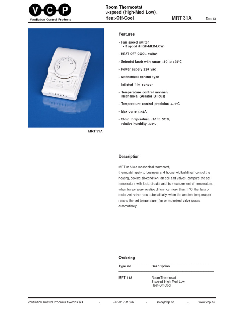 Room Thermostat 3 Speed Heat Off Cool Mrt31a | PDF
