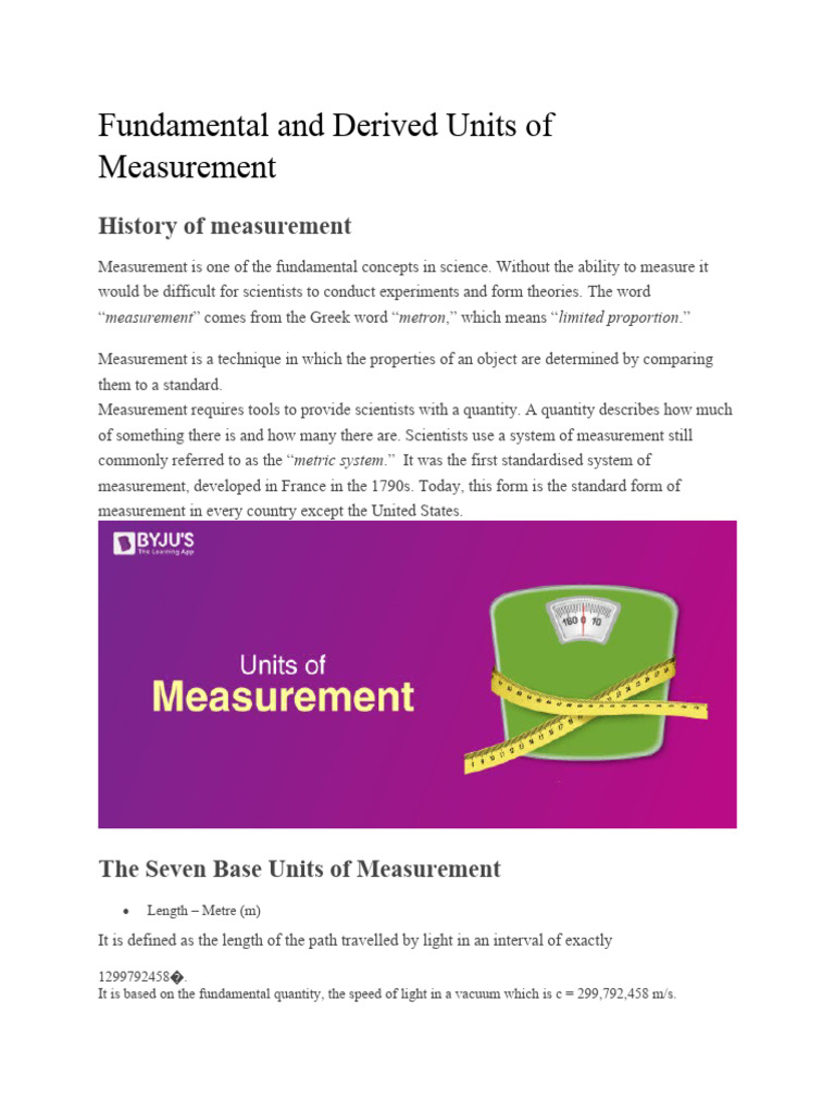 Fundamental and Derived Units of Measurement | PDF