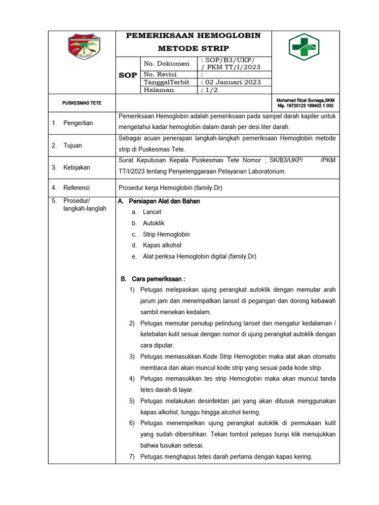 SOP HEMOGLOBIN METODE STRIP - SDH | PDF