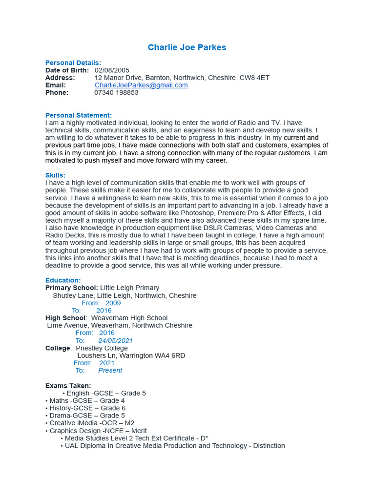 Charlie Joe Parkes: Date of Birth: 02/08/2005 Address: Email: Phone | PDF