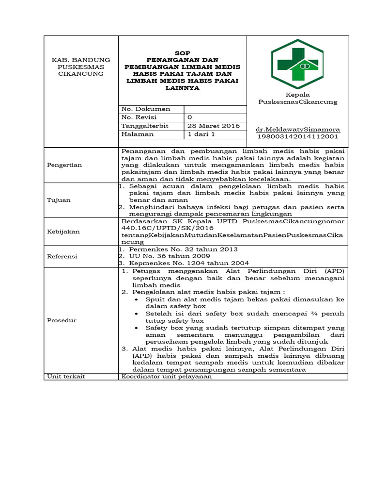 Sop Penanganan Dan Pembuangan Limbah Medis Habis Pakai Tajam Dan Limbah Medis Habis Pakai ...