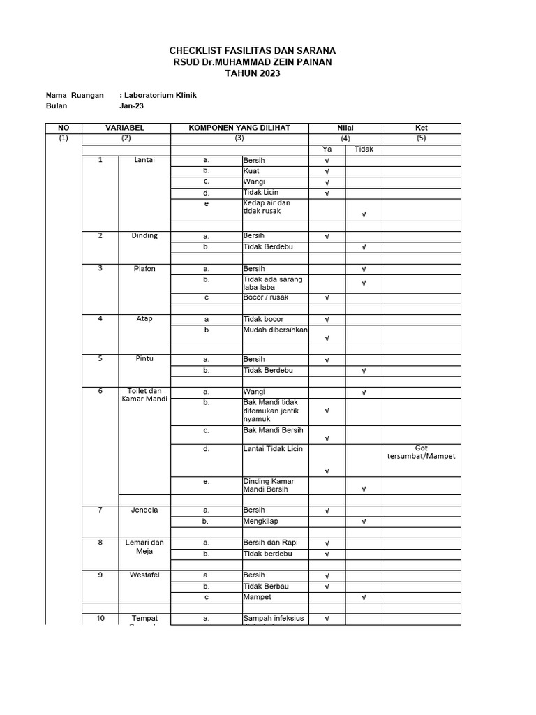 Checklist Kebersihan Laboratorium RSUD 2023 | PDF