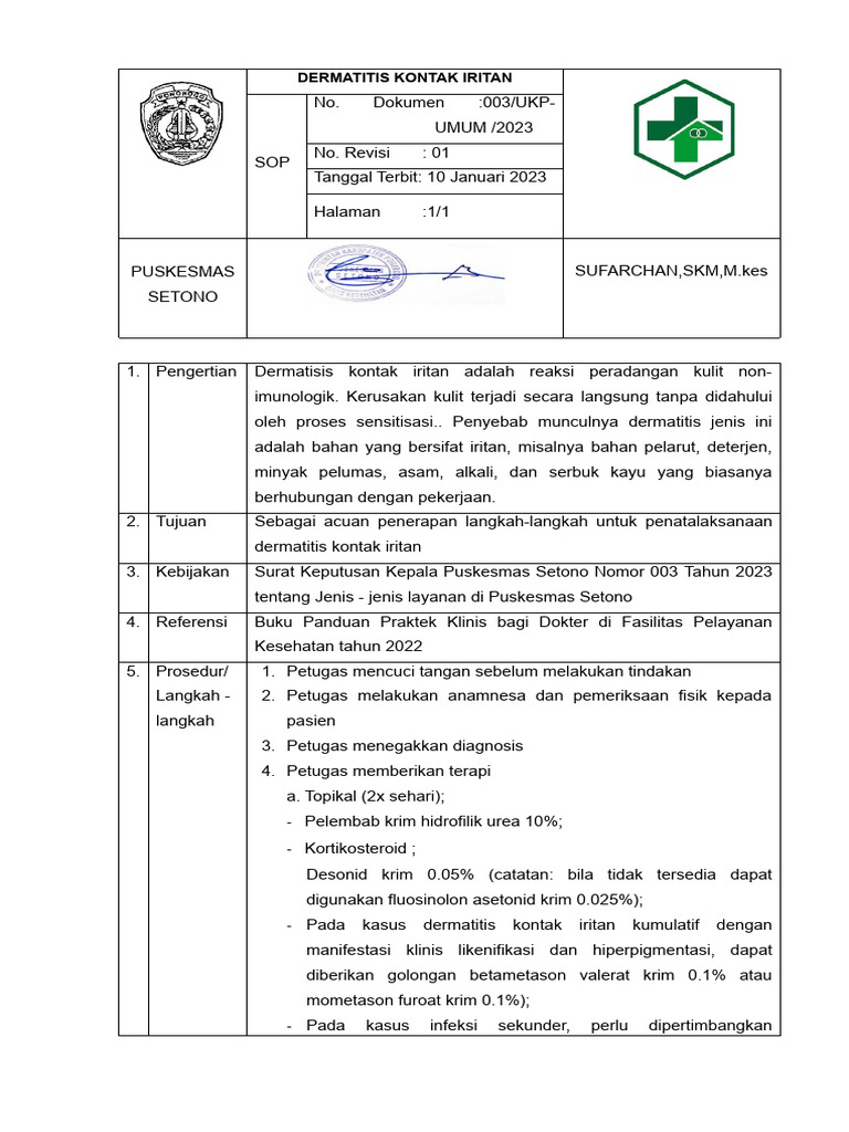 Sop Dermatitis Kontak Iritan 2023 | PDF