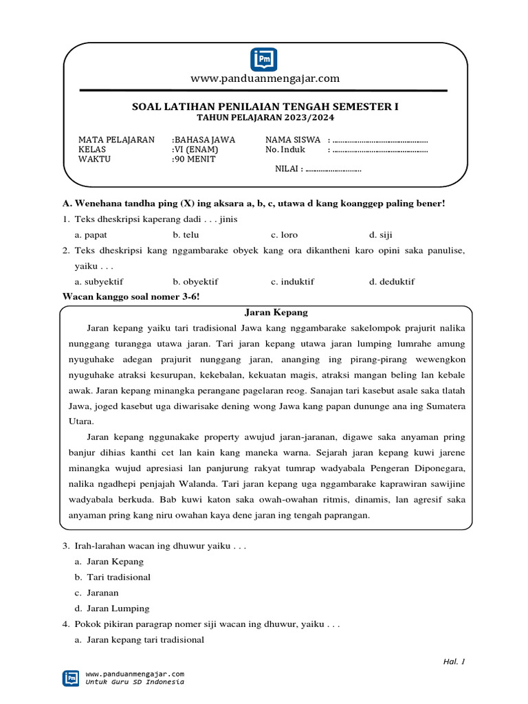 Soal PTS Bahasa Jawa Kelas 6 Semester 1 Tahun 2023-2024 | PDF