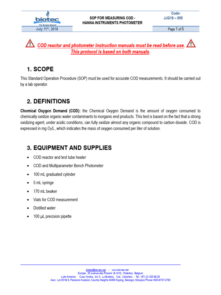 JJG18-095 (SOP For COD Measurement - HI Photometer) July 11 | PDF ...