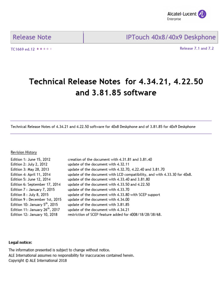 TC1669en-Ed12 Release Note For IPTouch 40x8 40x9 DeskPhone | PDF