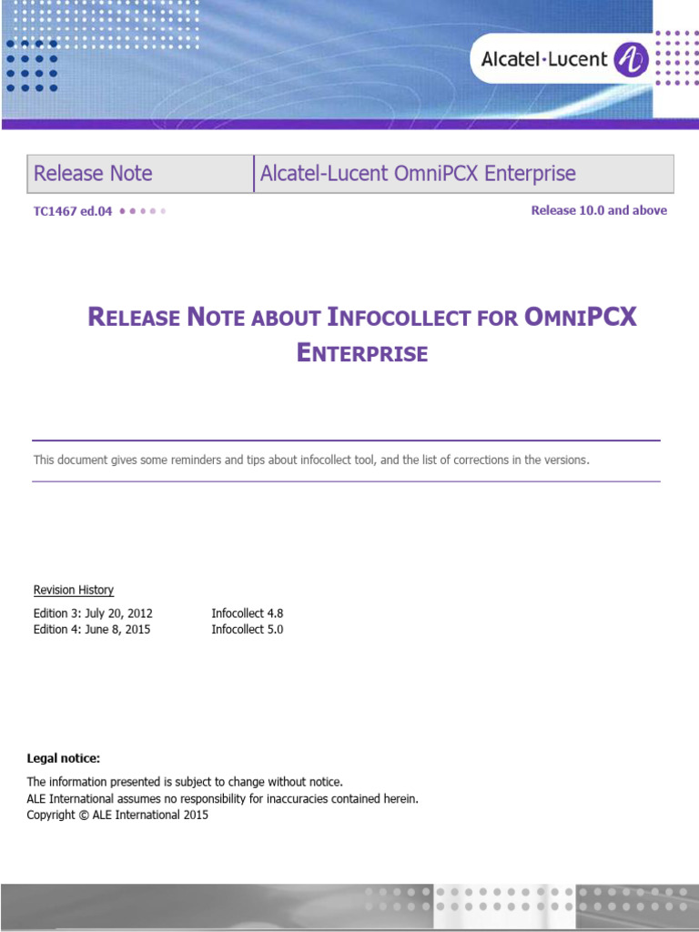 TC1467en-Ed04 Release Note About Infocollect For OmniPCX Enterprise | PDF