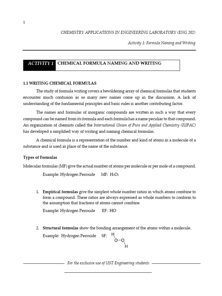 Lab Manual - Activity 1 Formula Naming and Writing - AY23 24 - Rev1 | PDF