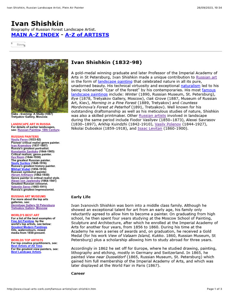 Ivan Shishkin, Russian Landscape Artist, Plein Air Painter | PDF | Art ...