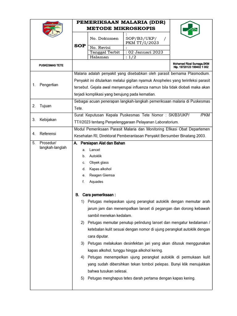 SOP MALARIA (DDR) - SDH | PDF