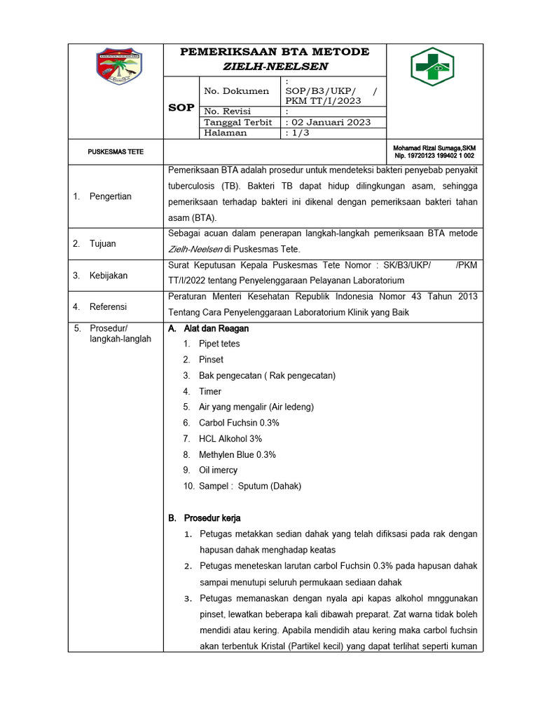 SOP BTA METODE ZIELH-NEELSEN - SDH | PDF