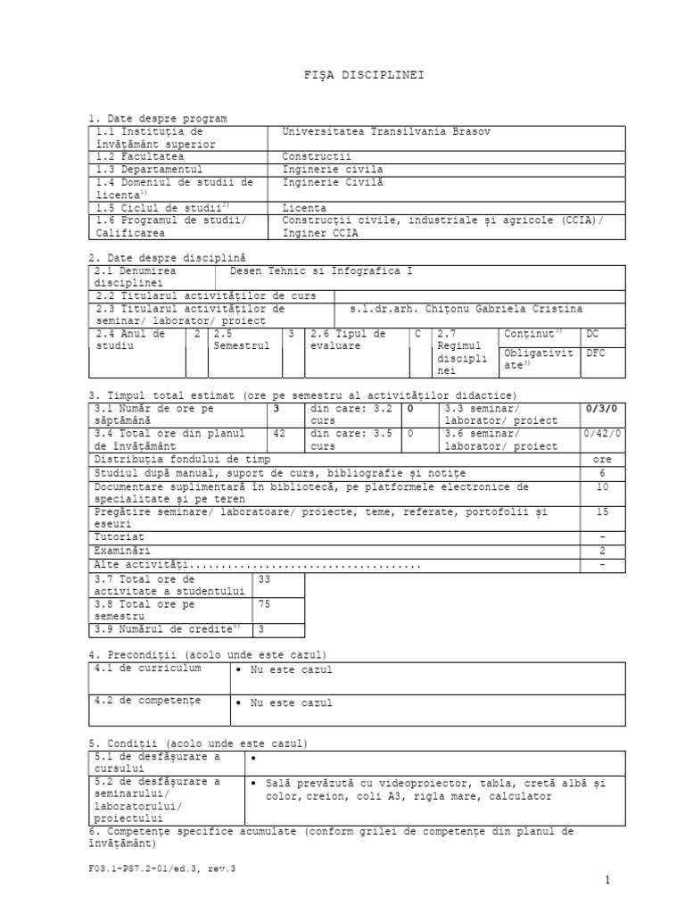 Fisa Disciplina Desen Tehnic Si Infografica I | PDF