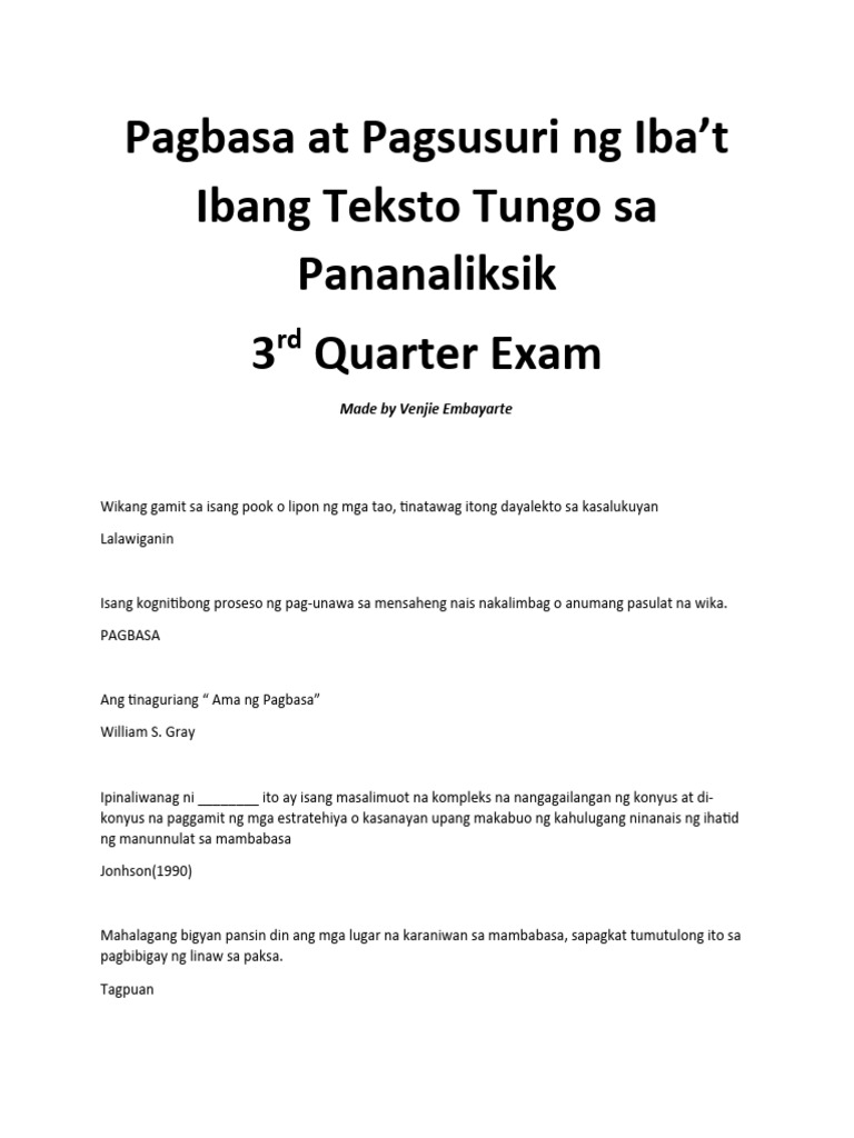 Pagbabasa at Pagsusuri Exam | PDF