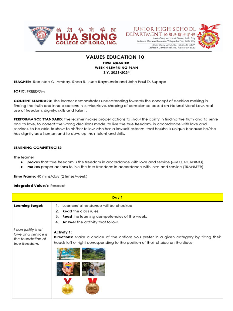 Values Grade 10 Learning Plan Week 4 - 1st Quarter 2023-2024 | PDF