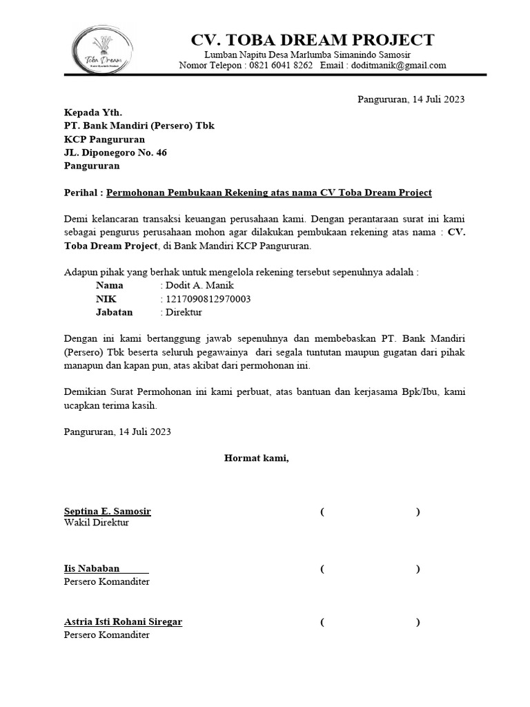 Permohonan Rekening CV Toba Dream Project | PDF
