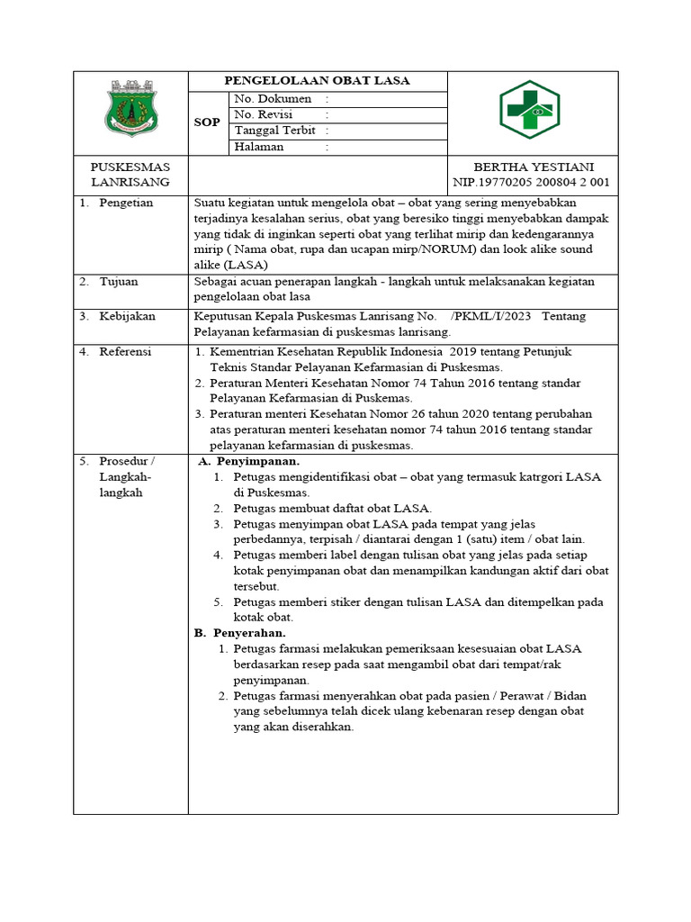 SOP Pengelolaan Obat LASA | PDF