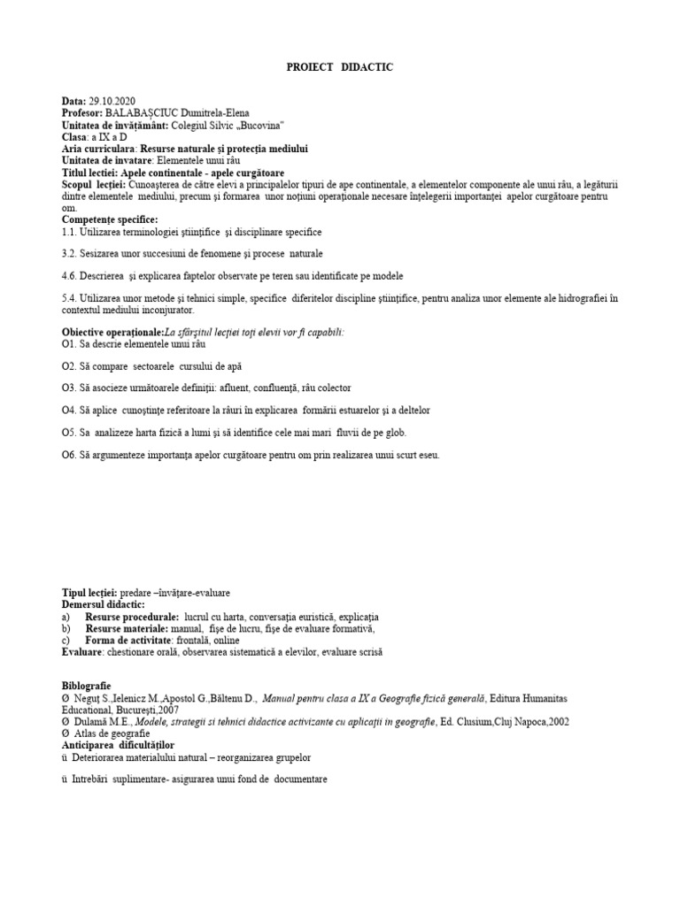 Proiect Elementele unui rau | PDF