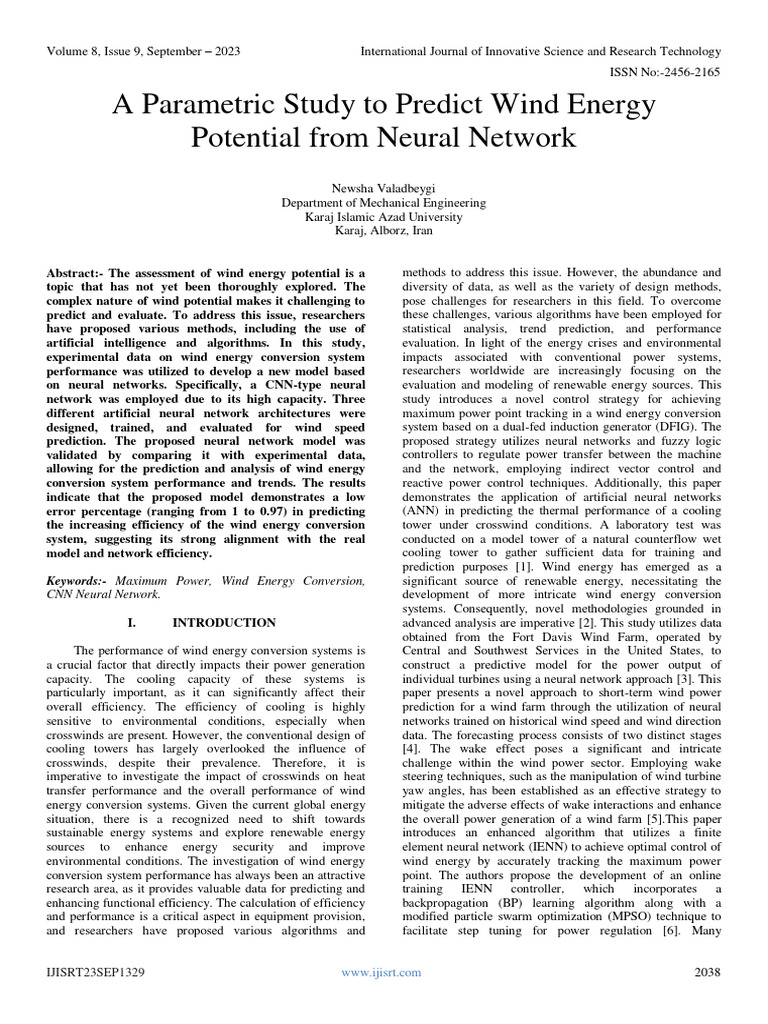 A Parametric Study To Predict Wind Energy Potential From Neural Network | PDF | Artificial ...