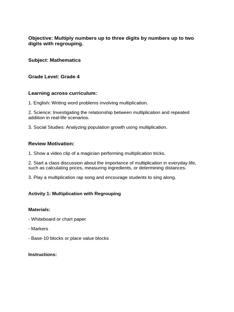 Lesson Plan | PDF | Multiplication | Cognition