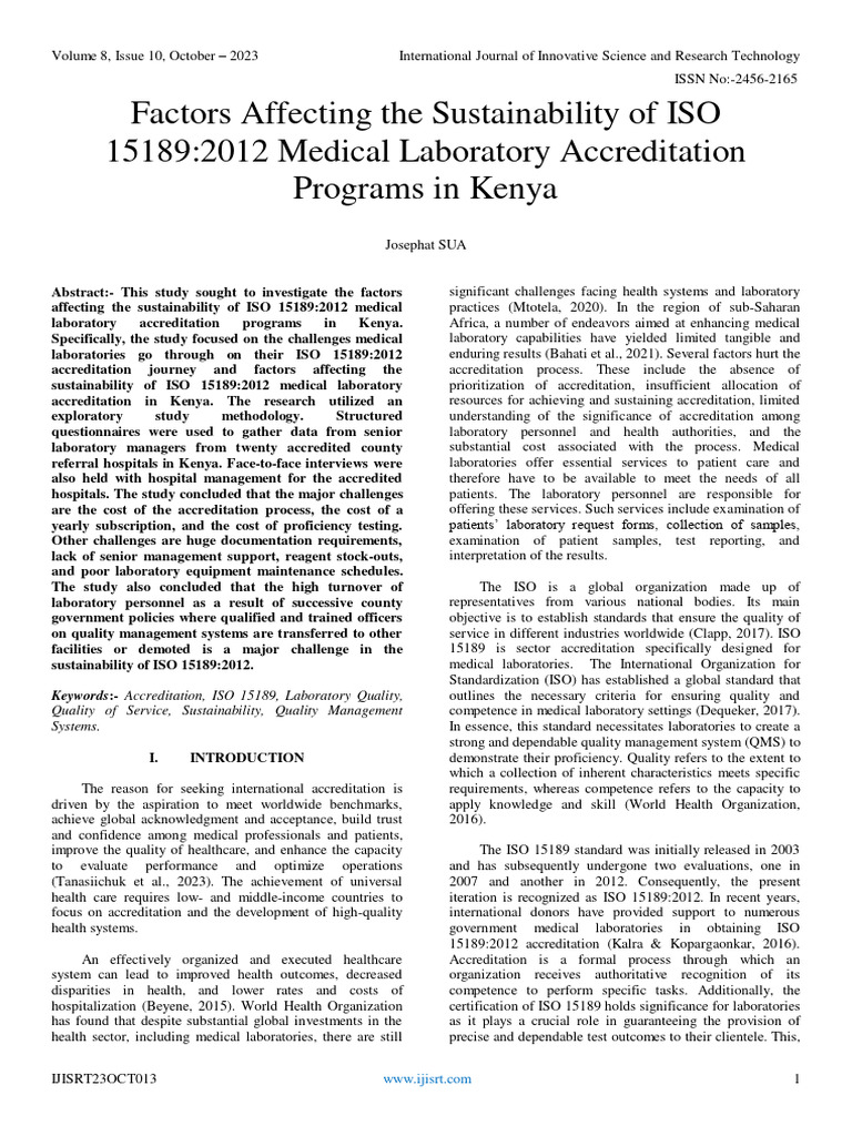 Factors Affecting The Sustainability Of Iso 15189 2012 Medical