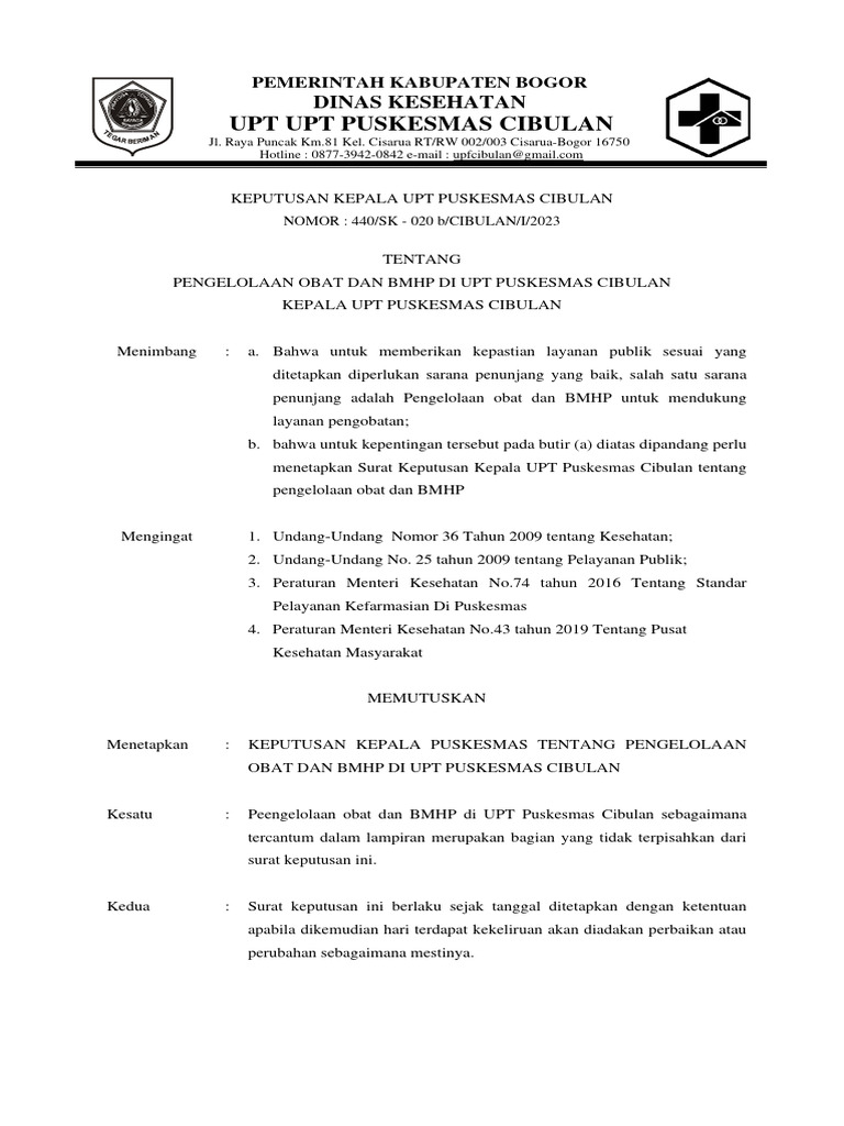 3.10.1.b.1) SK Pengelolaan Obat Dan BMHP Di Puskesmas Cibulan 20 Edit | PDF