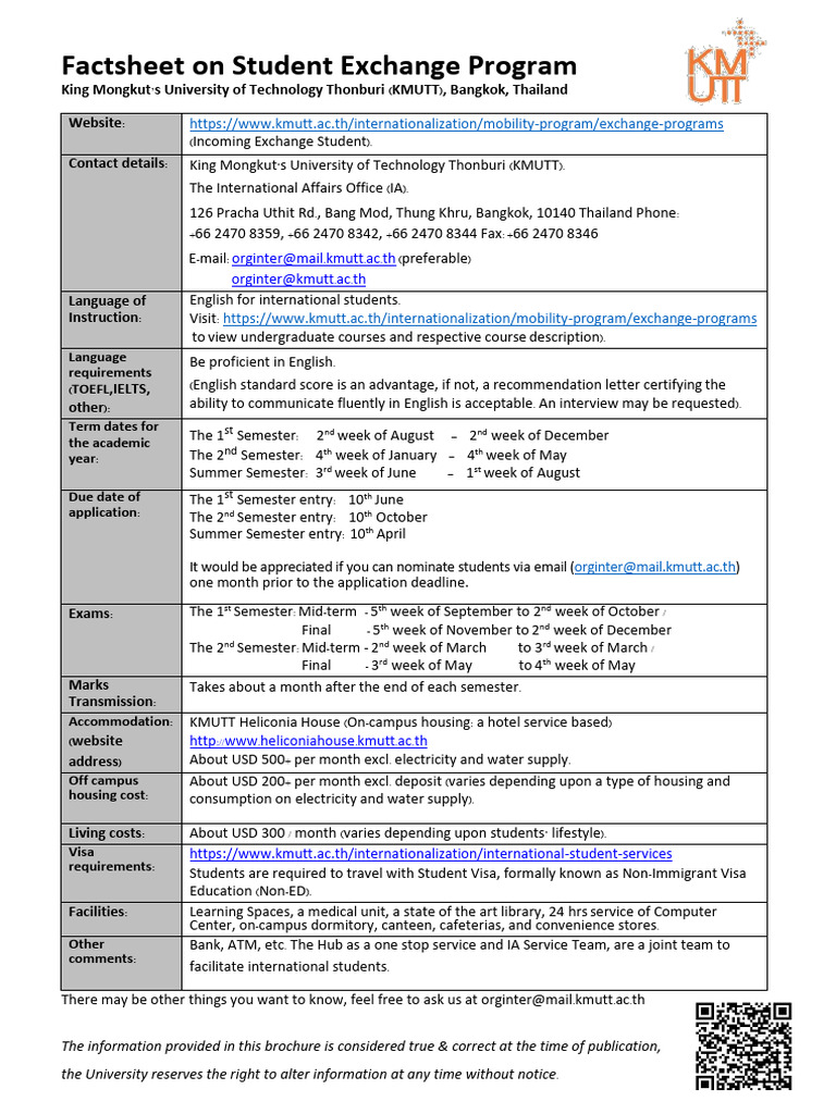 KMUTT Factsheet On Student Exchange Program - 1 2022 | PDF