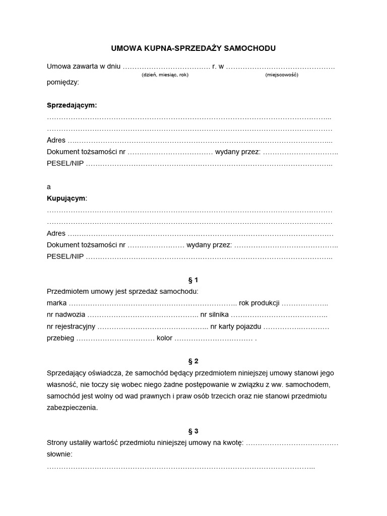 Umowa Kupna-Sprzedaży Samochodu - Wzór | PDF
