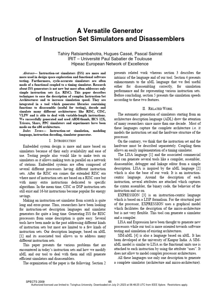A Versatile Generator of Instruction Set Simulators and Disassemblers | PDF