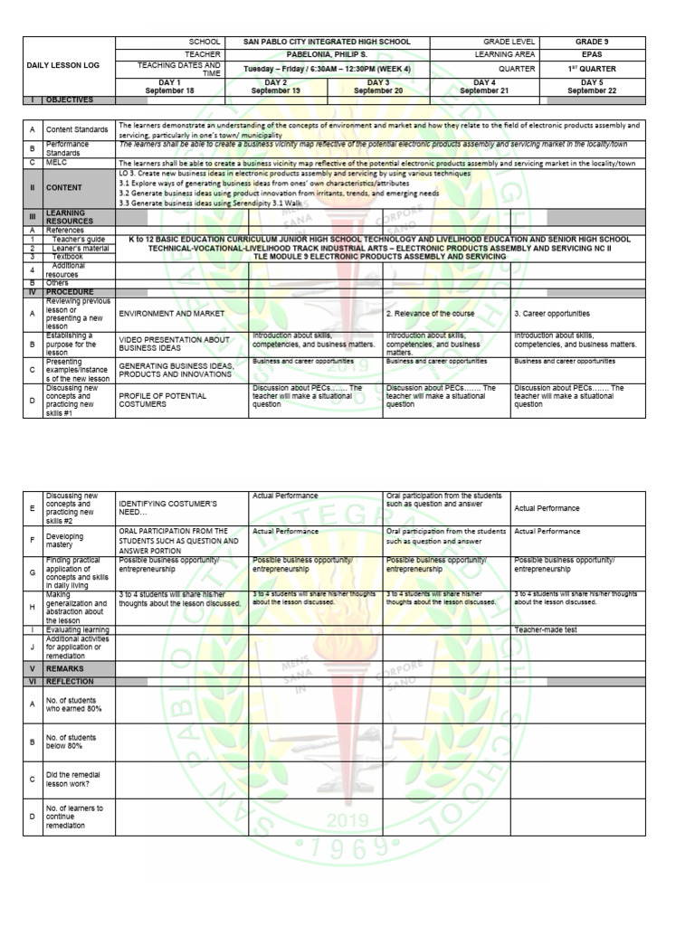 EPAS WEEK3and4 DLL | PDF | Teachers | Learning
